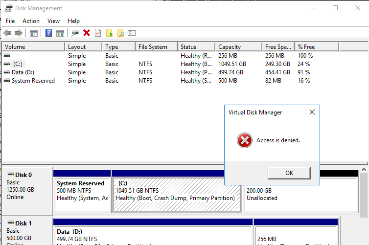 Unable to resize partition - Virtual Disk Manager, Access is Denied ...