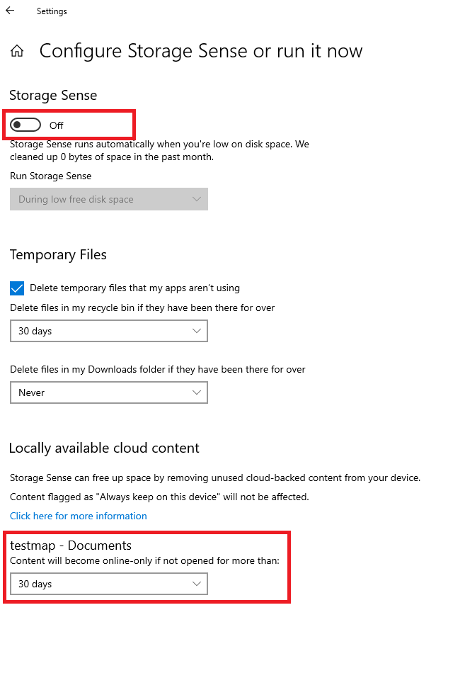 Turning off storage sense while mentioning 30 days under “Locally ...
