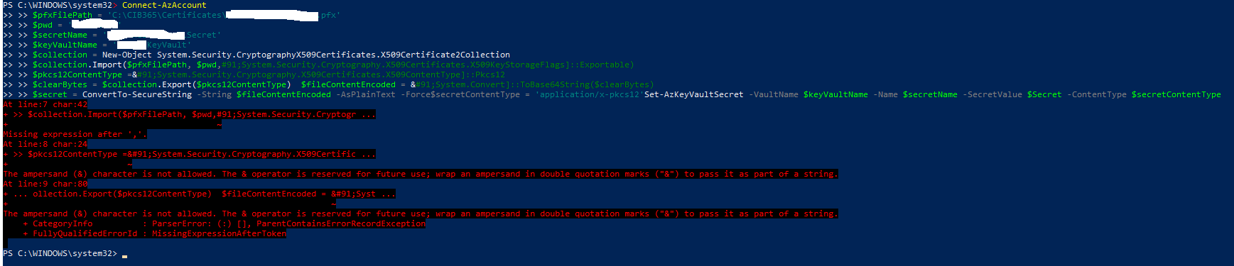 Azure Key Vault - error uploading PFX certificate through PowerShell ... Azure Key Vault - error uploading PFX certificate through PowerShell ...