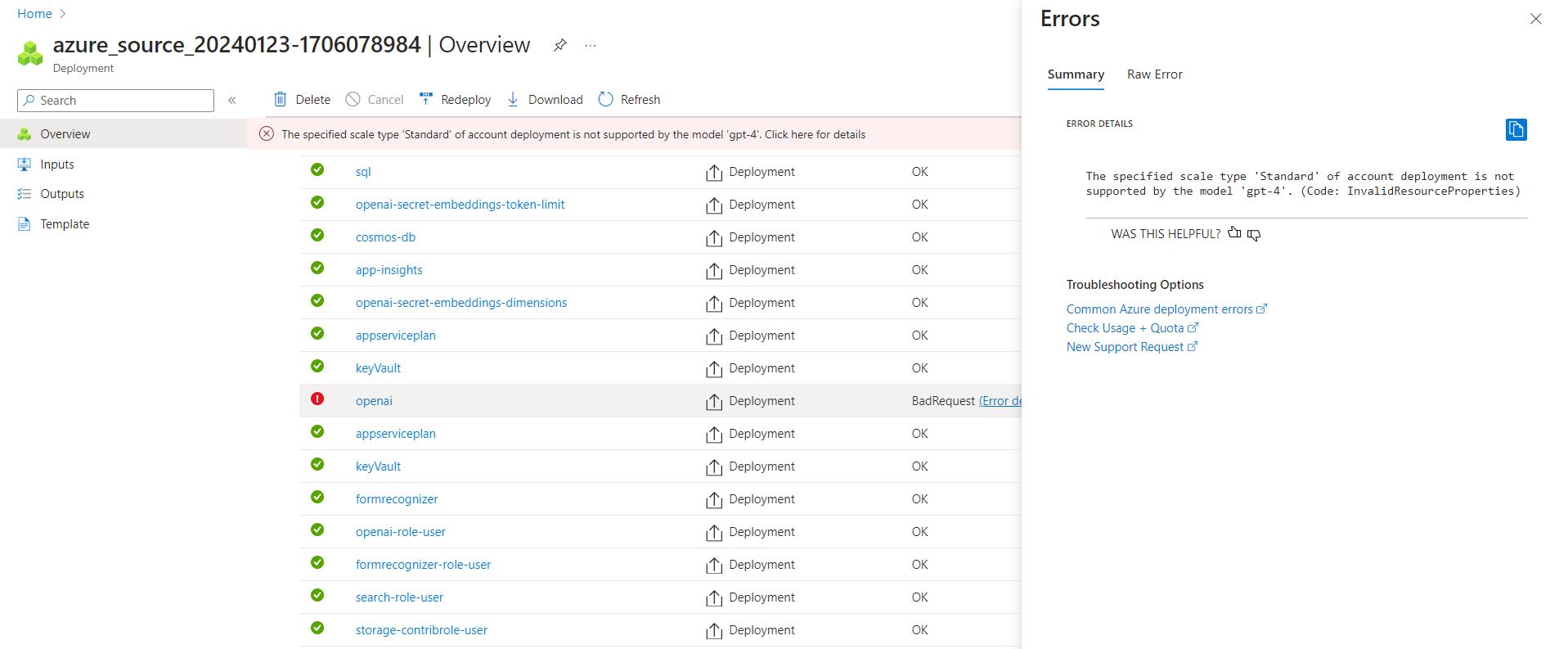 The specified scale type 'Standard' of account deployment is not supported by the model 'gpt-4 ...