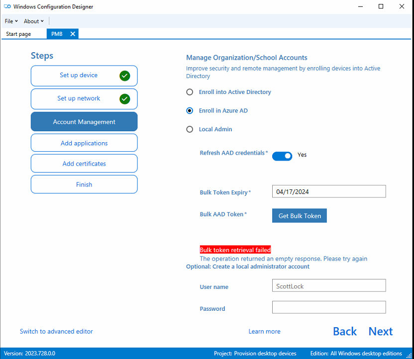Windows Configuration Designer - Bulk Token retrieval fails - Microsoft Q&A