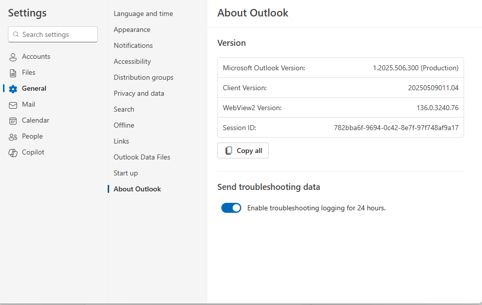 Outlook Version: 1.2025.506.300 (Production) Client Version: 20250502003.10 - Attachments Drag ...