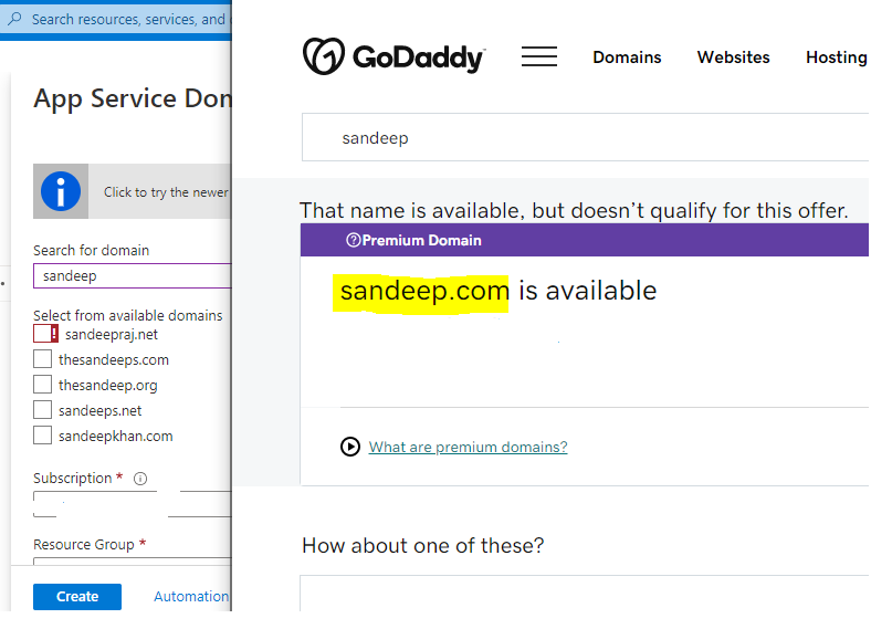 Hostname is available yet doesn't show up in Azure Portal for purchase ...