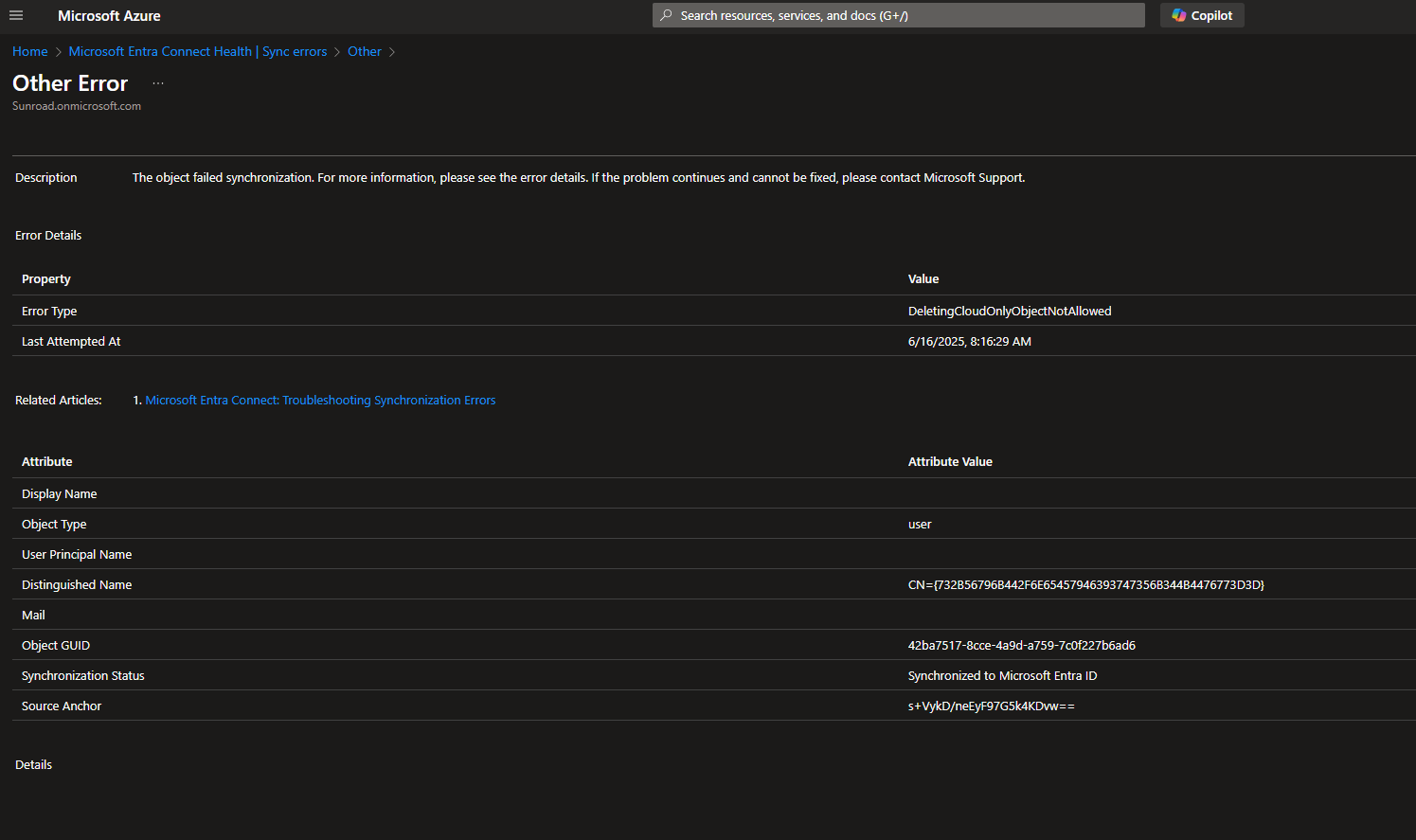 How to fix "DeletingCloudOnlyObjectNotAllowed" sync error if there is no name given - Microsoft Q&A