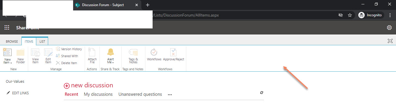 Discussion Forum Hide Browseitemslist Tabs Microsoft Qanda