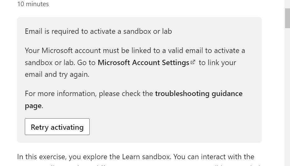Not able to activate learn sandbox in the module - Microsoft Q&A Not able to activate learn sandbox in the module - Microsoft Q&A