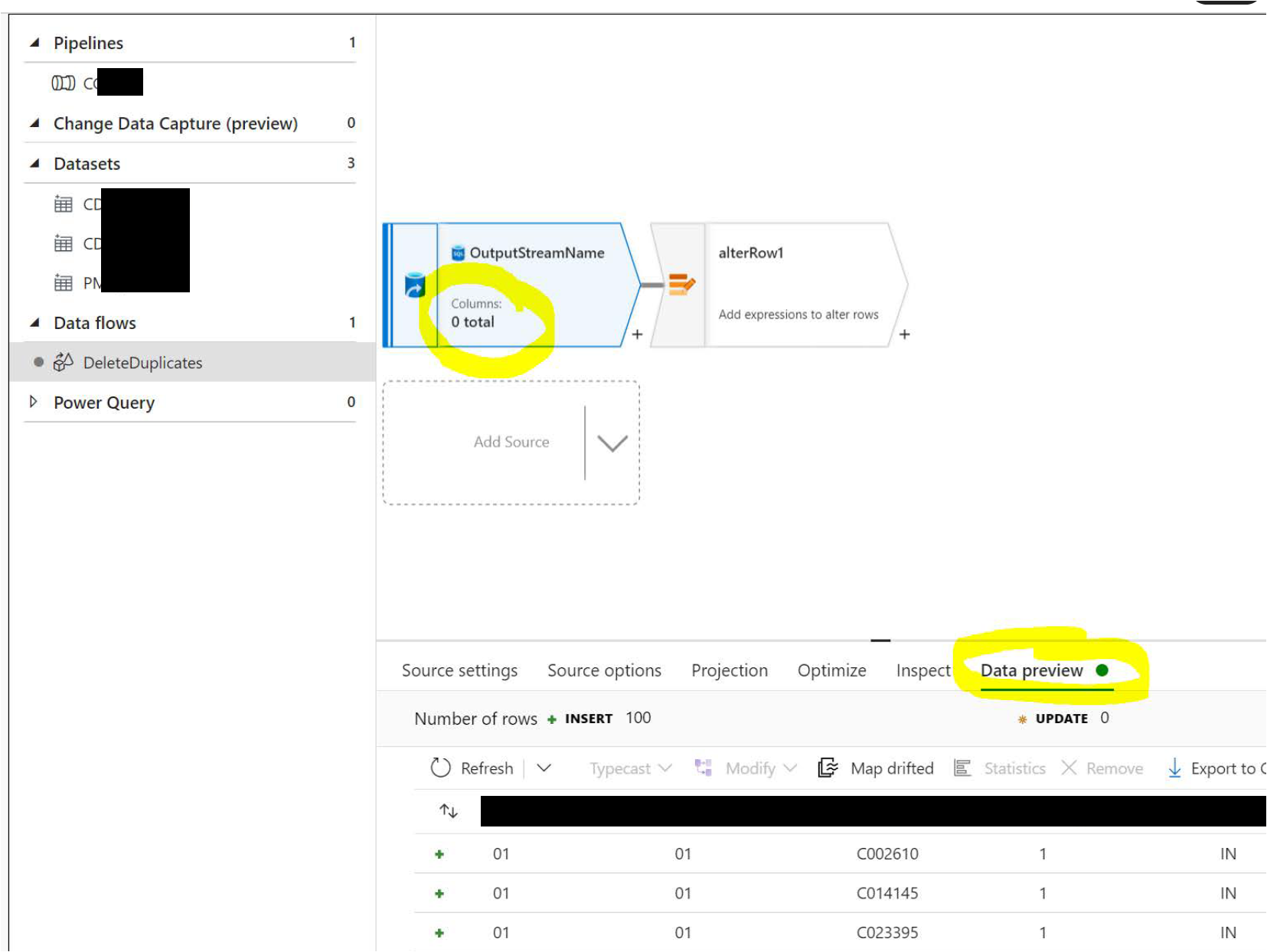 Azure Data Factory, Data Flow shows "Columns 0 Total" but preview has data - Microsoft Q&A