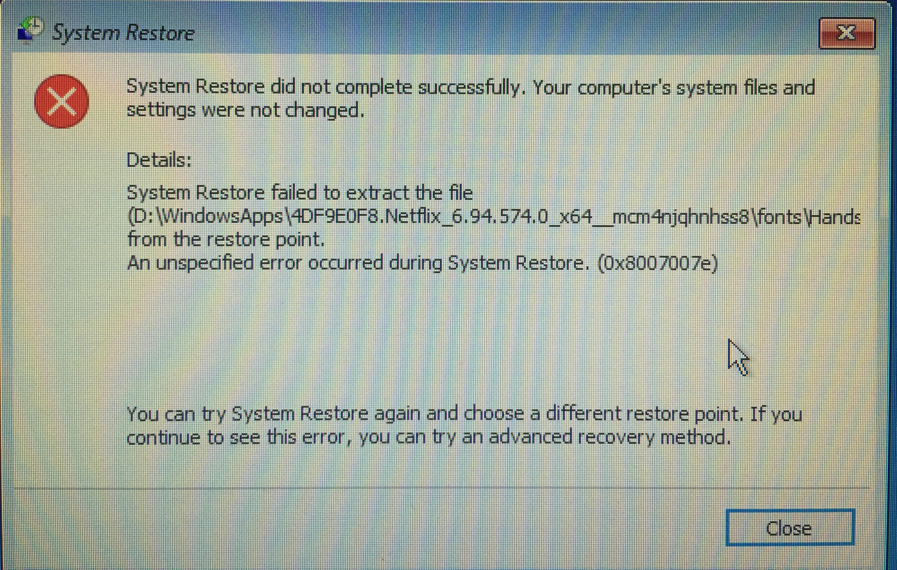 All system restore attempts fail with error codes 0x8007007e and ...