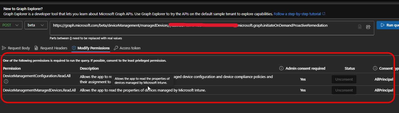 Issues with Graph Explorer Endpoint initiateOnDemandProactiveRemediation - Microsoft Q&A