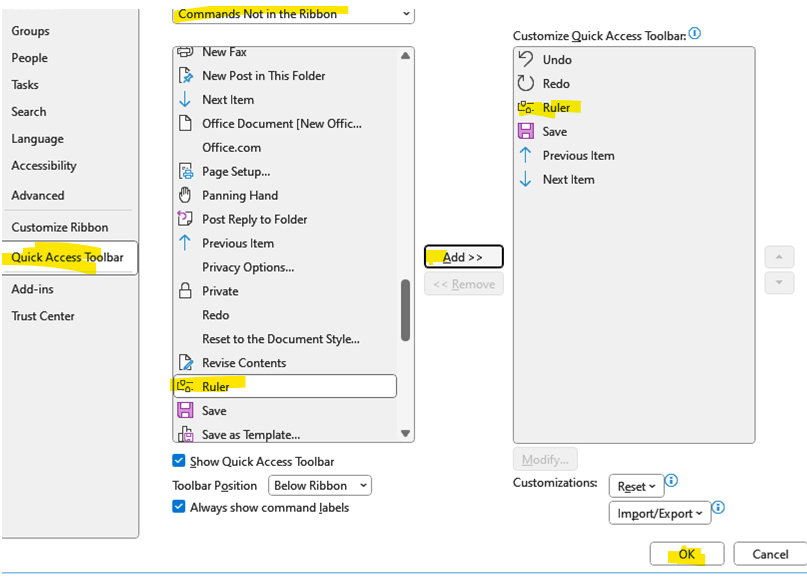 How can I add the ruler display to my emails in Outlook 365 ...