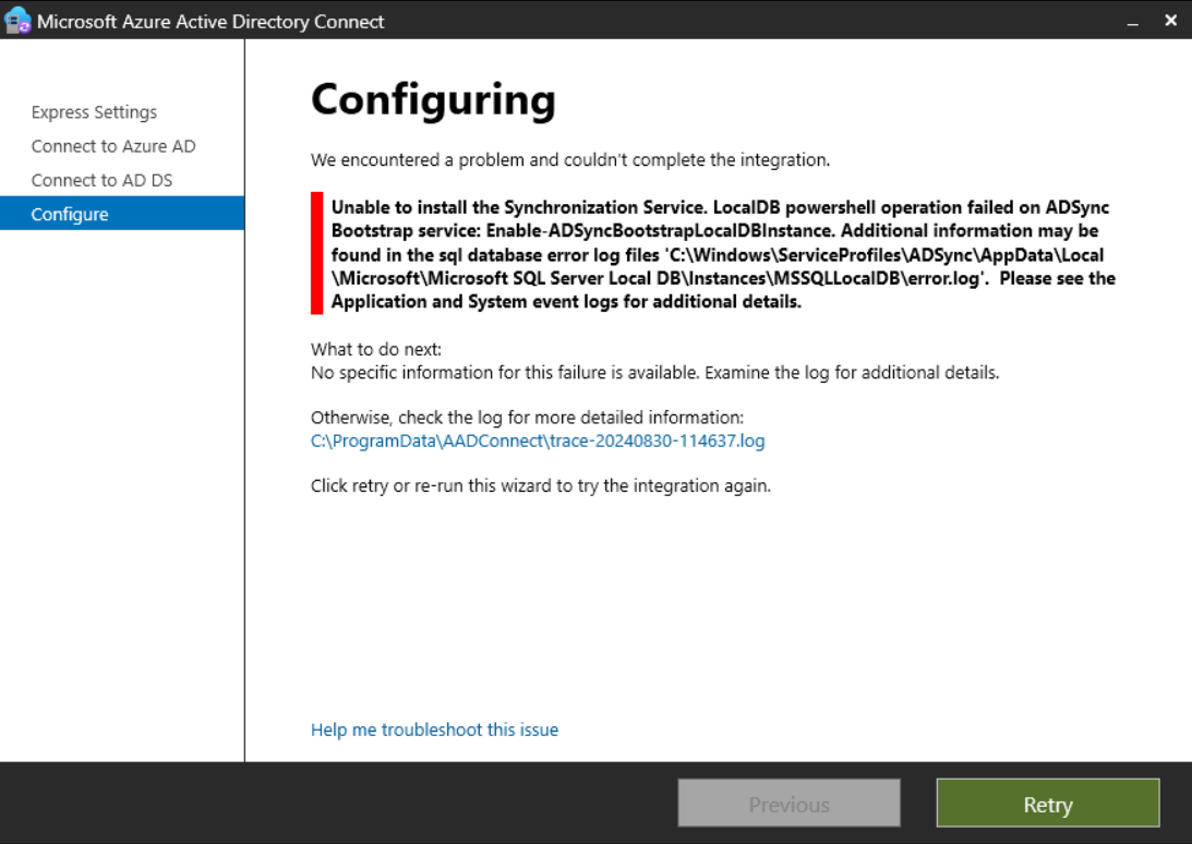 unable to install the synchronization service. Localdb powershell operation failed on ADSync ...