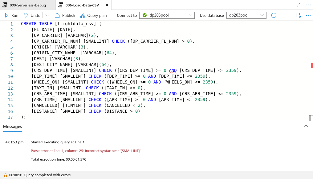 Unable To Create Table In Synapse Analytics With Smallint Column Datatype With Sql Pool