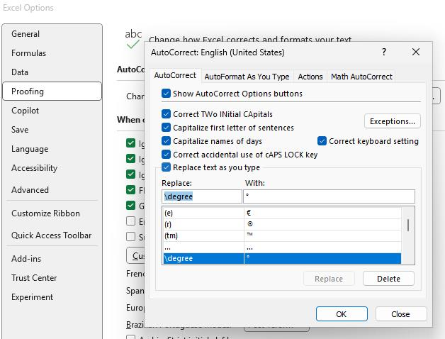 \degree autocorrect not working in Excel - Microsoft Q&A