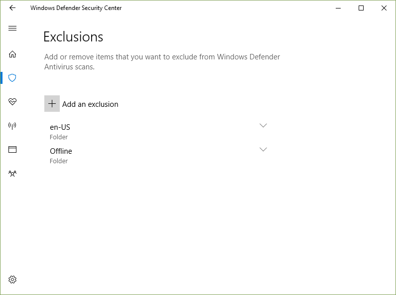 Windows Defender Security Center - Windows 10 - Unable to remove folder ...