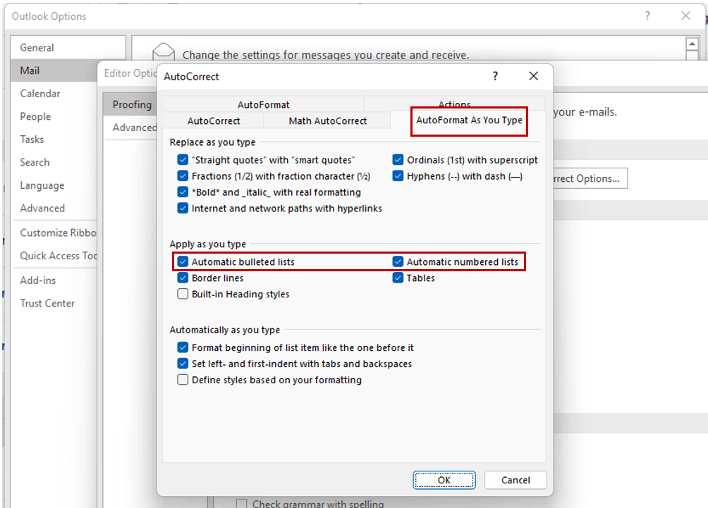How do you turn off auto formatting numbering bullets etc in Outlook ...