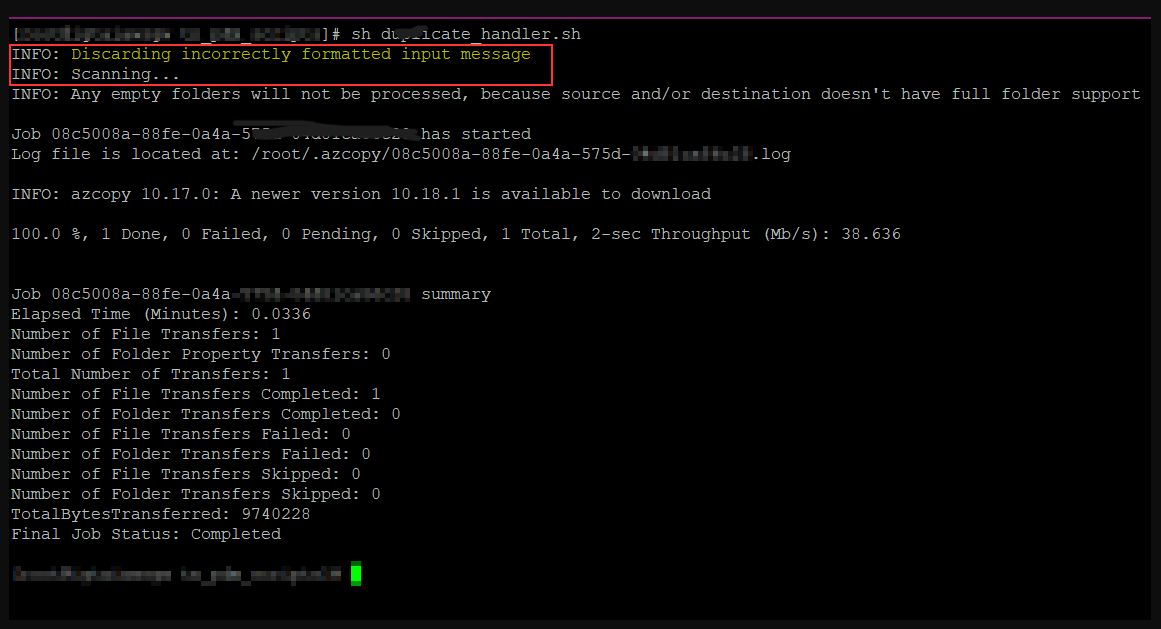 INFO: Discarding incorrectly formatted input message | AzCOPY error ...