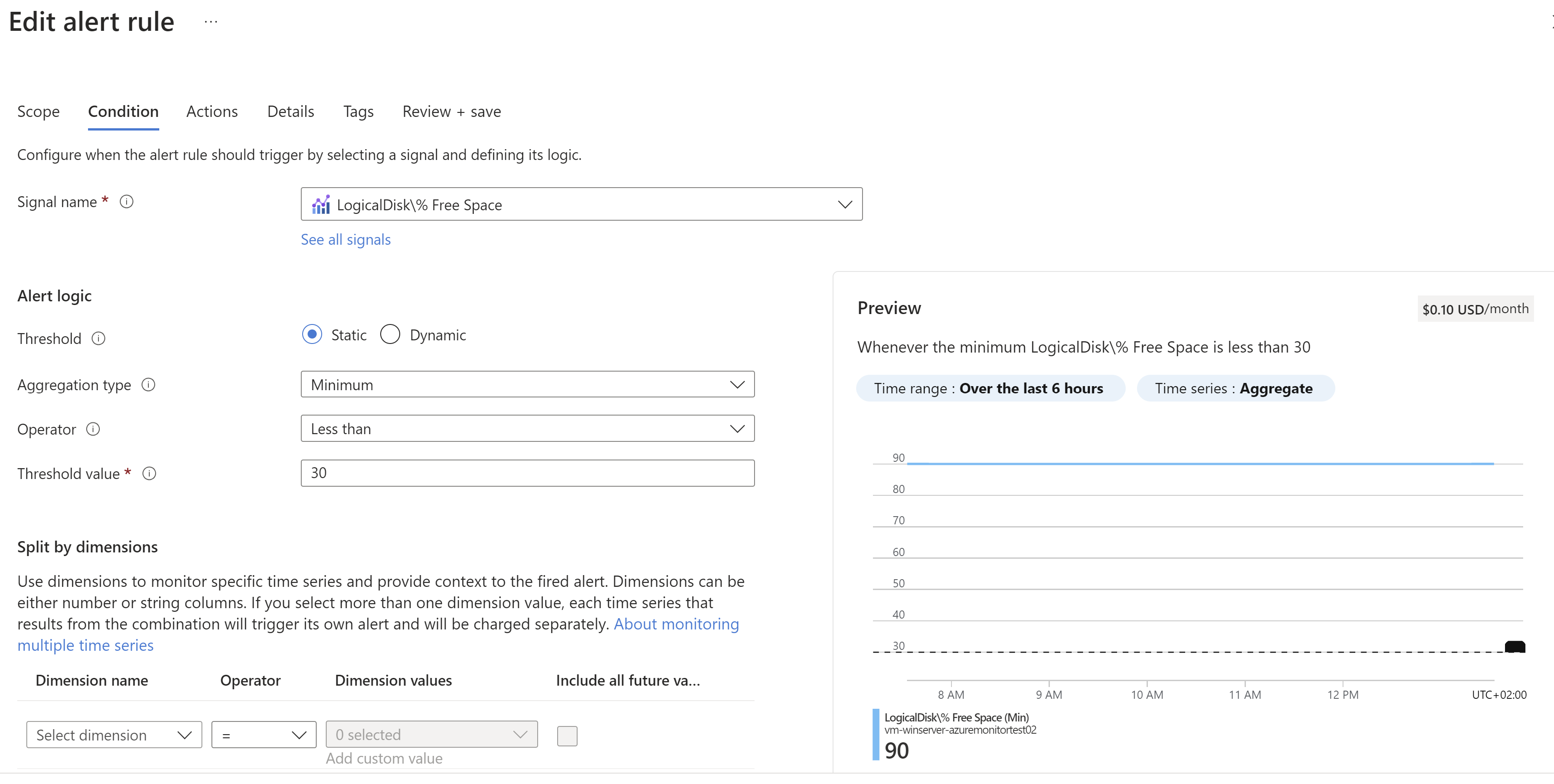 Azure Alert rule Free space metrics email notification does not show ...