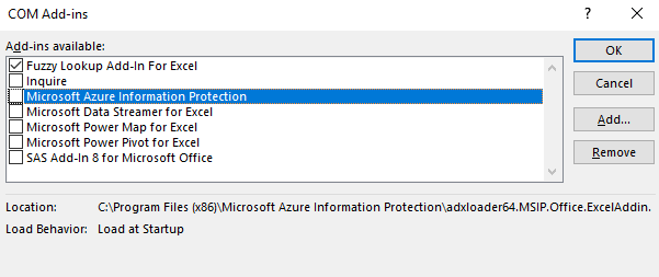 Not able to tick microsoft azure Information protection in excel com ...