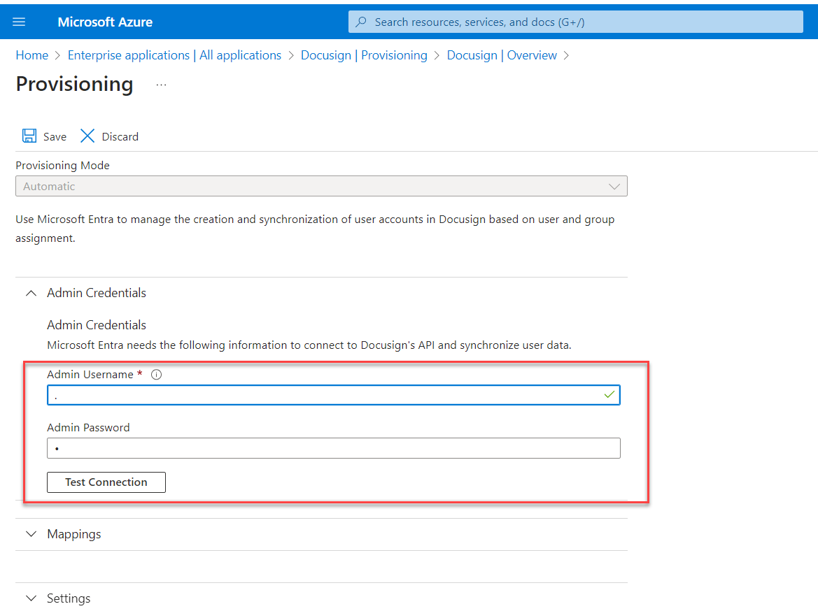 Admin Credentials for SCIM user provisioning integration of DocuSign SaaS application ...