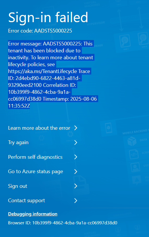 Sign-in failed AADSTS5000225 - Microsoft Q&A
