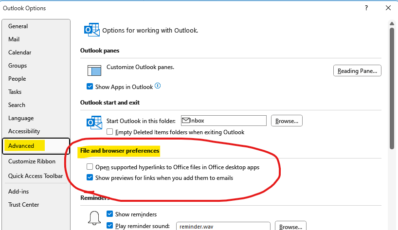 Missing menu option: Options => Advanced => "Open hyperlinks from ...