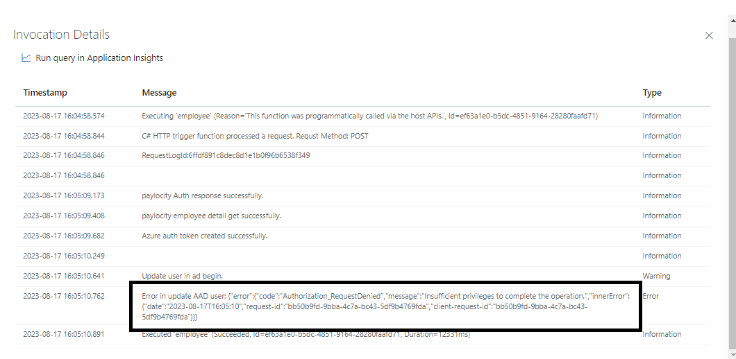 Why is our Azure Function webhook unable to modify user information in Azure Active Directory ...