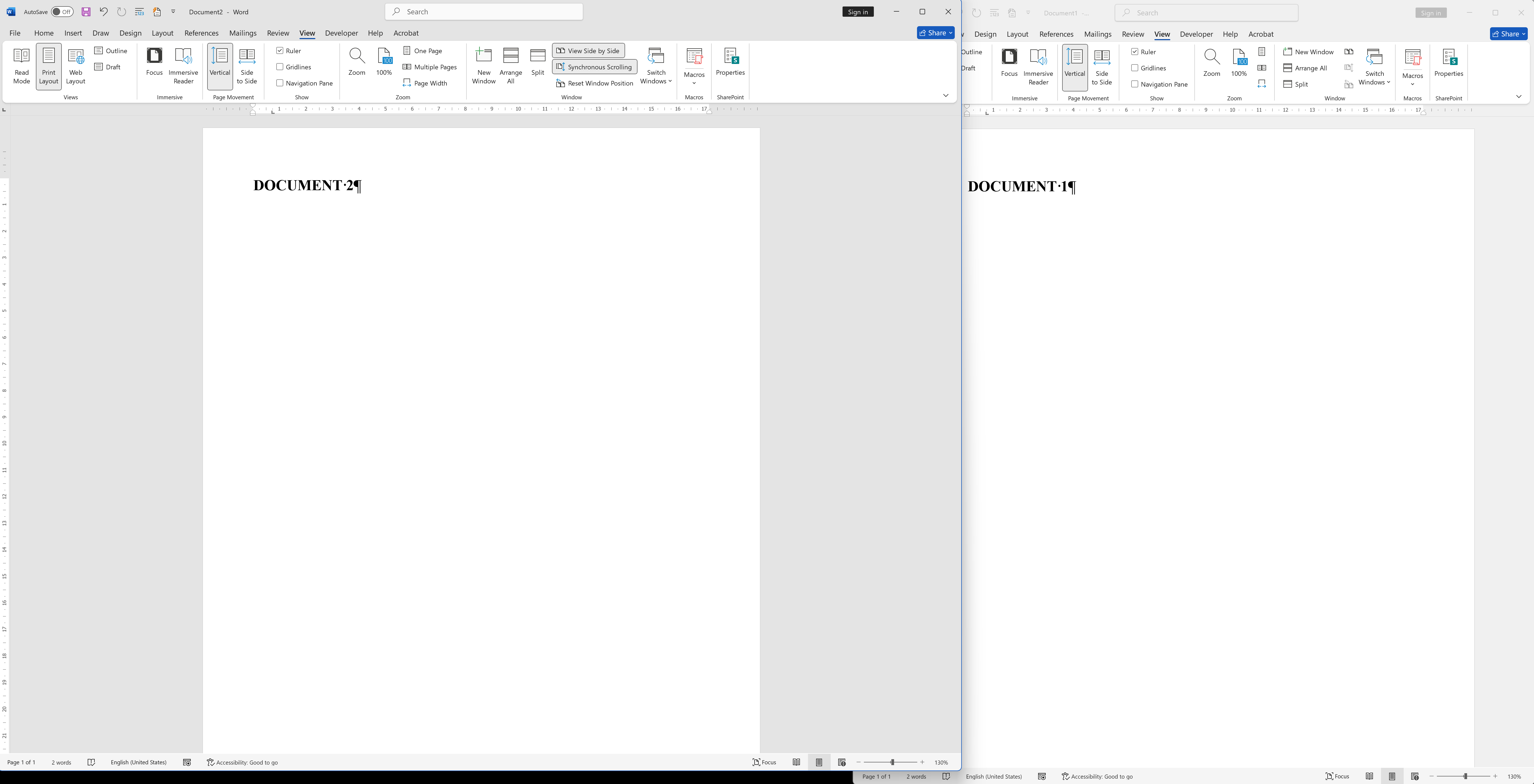 When viewing 2 documents side by side - Horizontally, clicking on File menu changes the view to ...