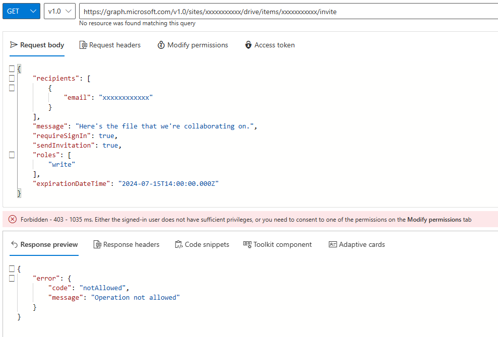 /invite endpoint "notAllowed" but /createLink ok in Sharepoint via Graph API - Microsoft Q&A