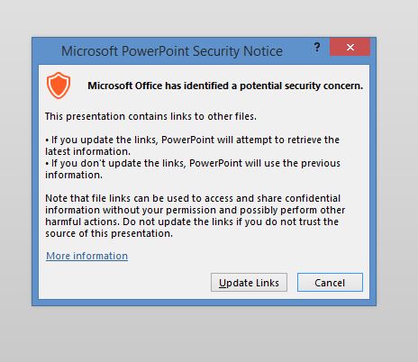 PPTX 2013 With Linked Charts, Disable "Microsoft has identified a ...