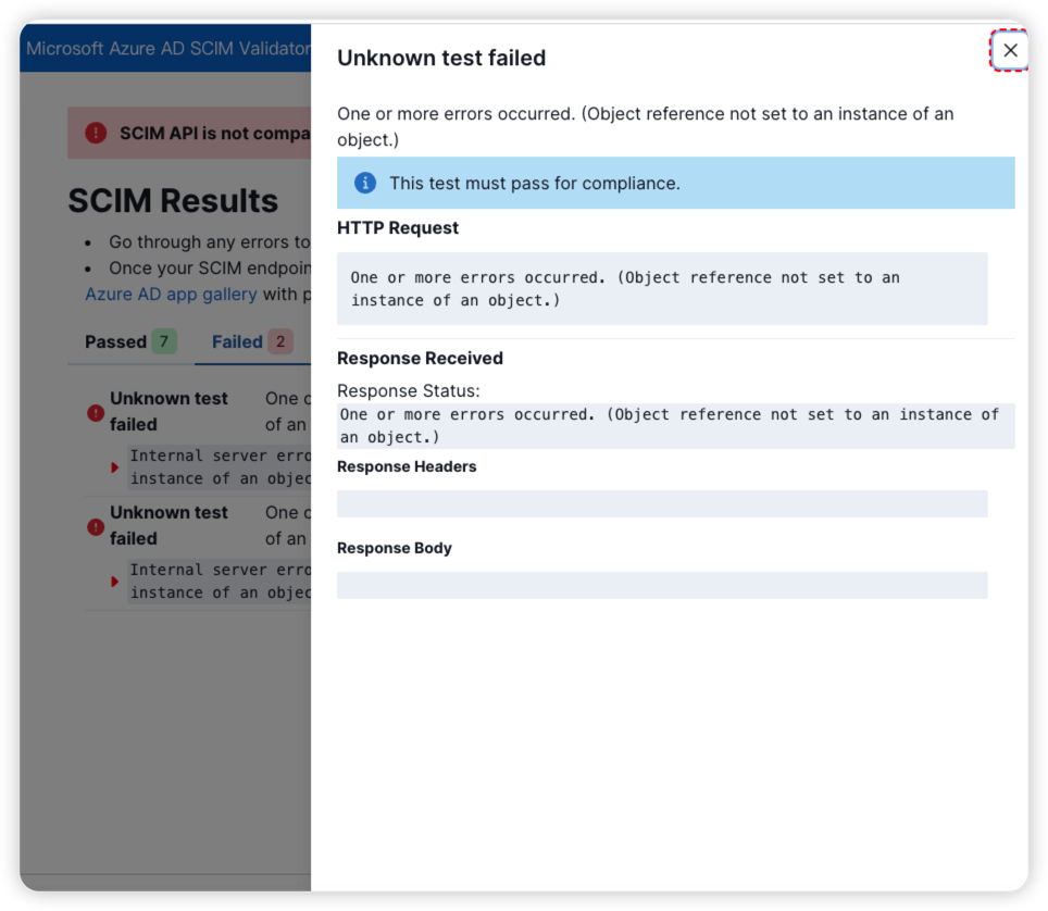 SCIM Validator return Unknown test failed One or more errors occurred ...