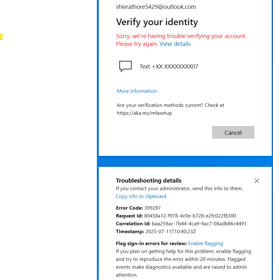 Unable to Verify Identity for Azure Login – Error 399287 - Microsoft Q&A