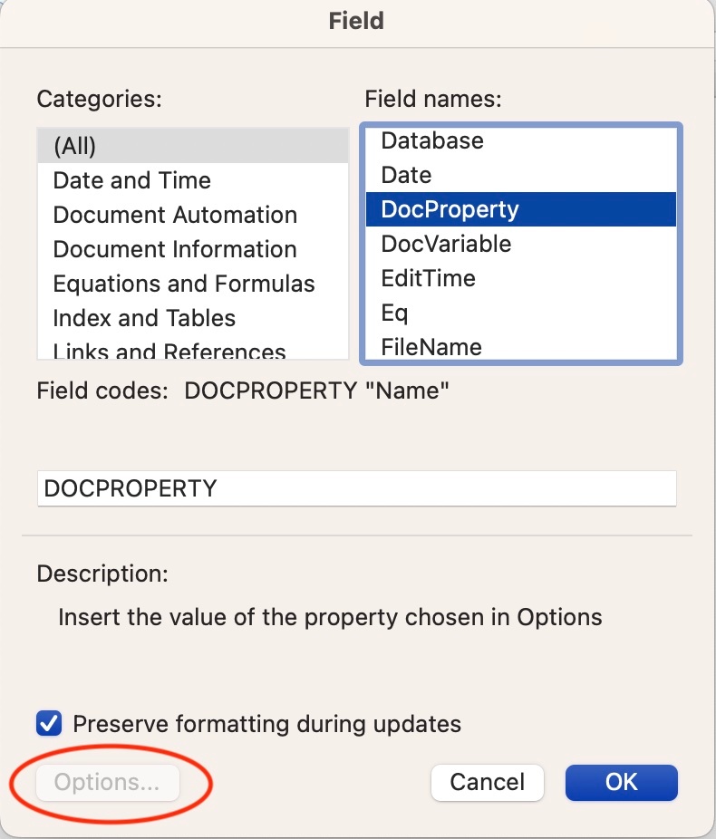DocProperty Field Options Unavailable - Office 365 Word - Microsoft Q&A