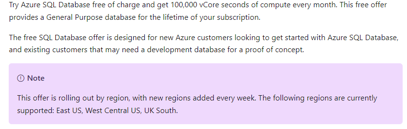 Unable to create SQL DB using free offer - Microsoft Q&A