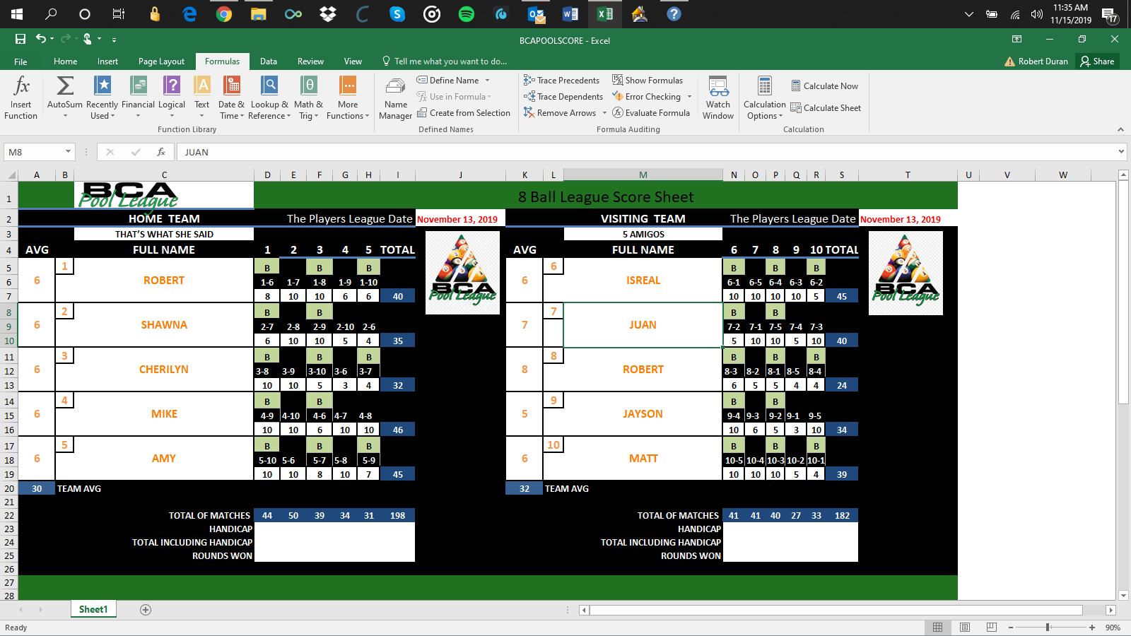Pool score sheet handicap formula - Microsoft Q&A