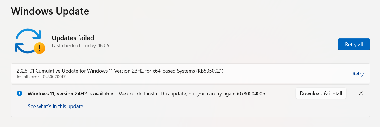 Updating to windows 11 24h2 failed - Microsoft Q&A