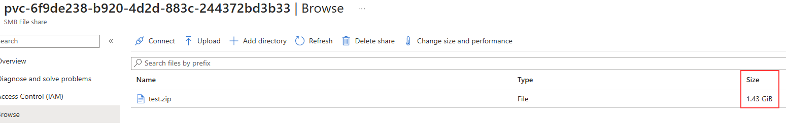 I have pod, which copied 800 MB file to PVC (Azure file premium), but ...