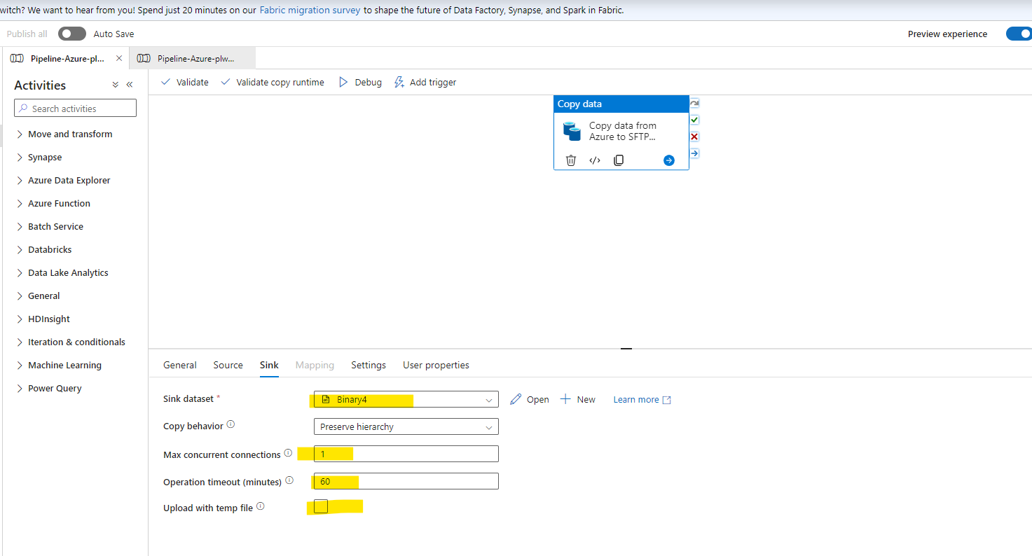 ADF pipeline sink not showing any directory while browsing. - Microsoft Q&A