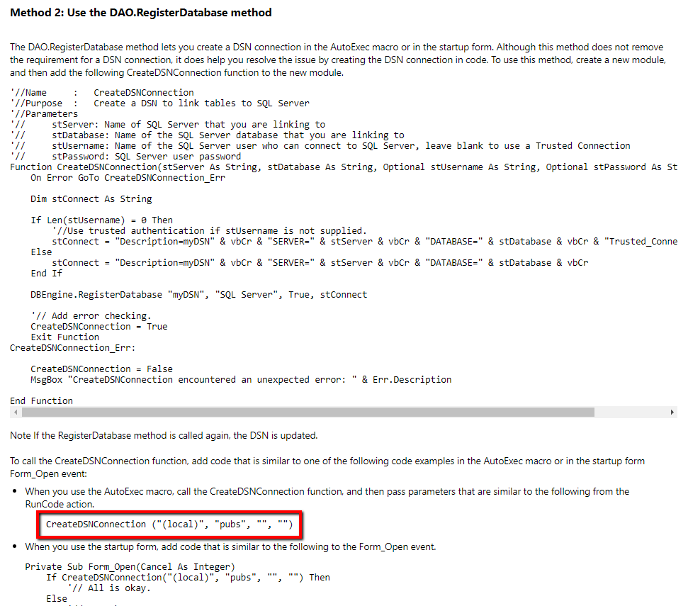 how to do a DSN less connection in Access (what is Local and pubs ...