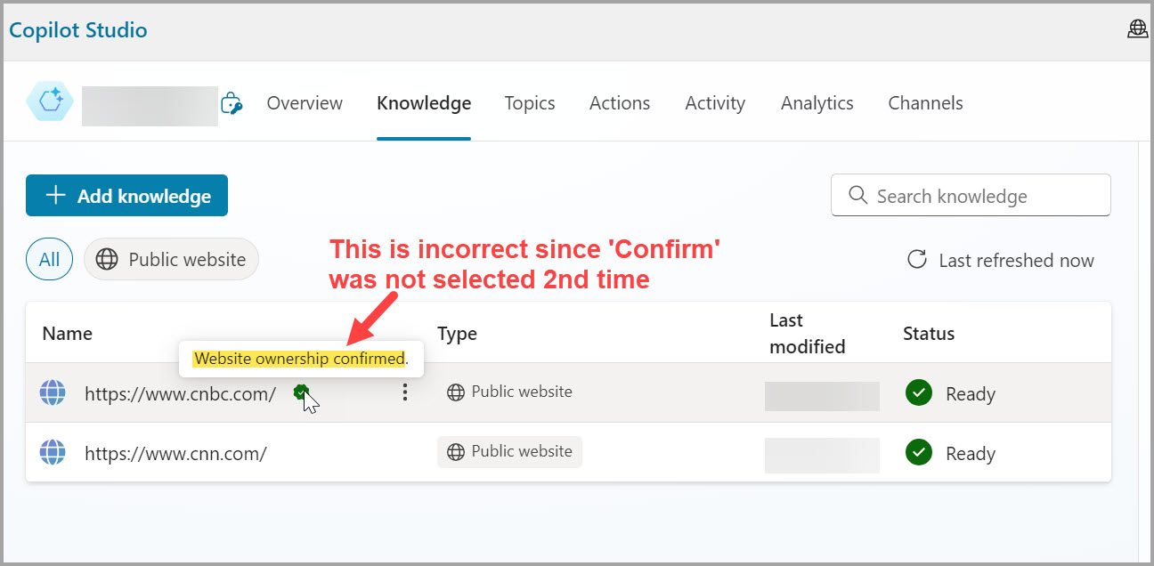 In Microsoft Copilot how can I unconfirm a 'public' website if it was marked as 'owned by ...