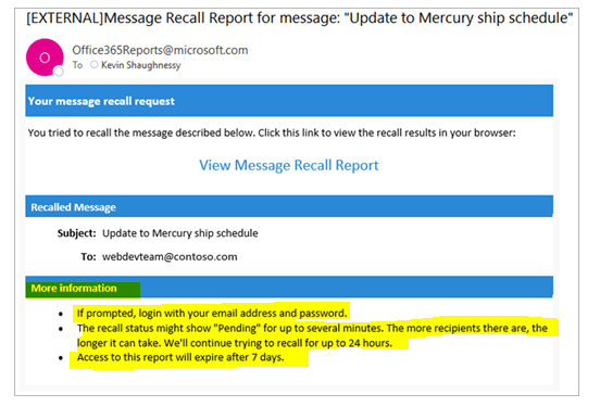 Not able to view "Message Recall Report" email response. - Microsoft Q&A