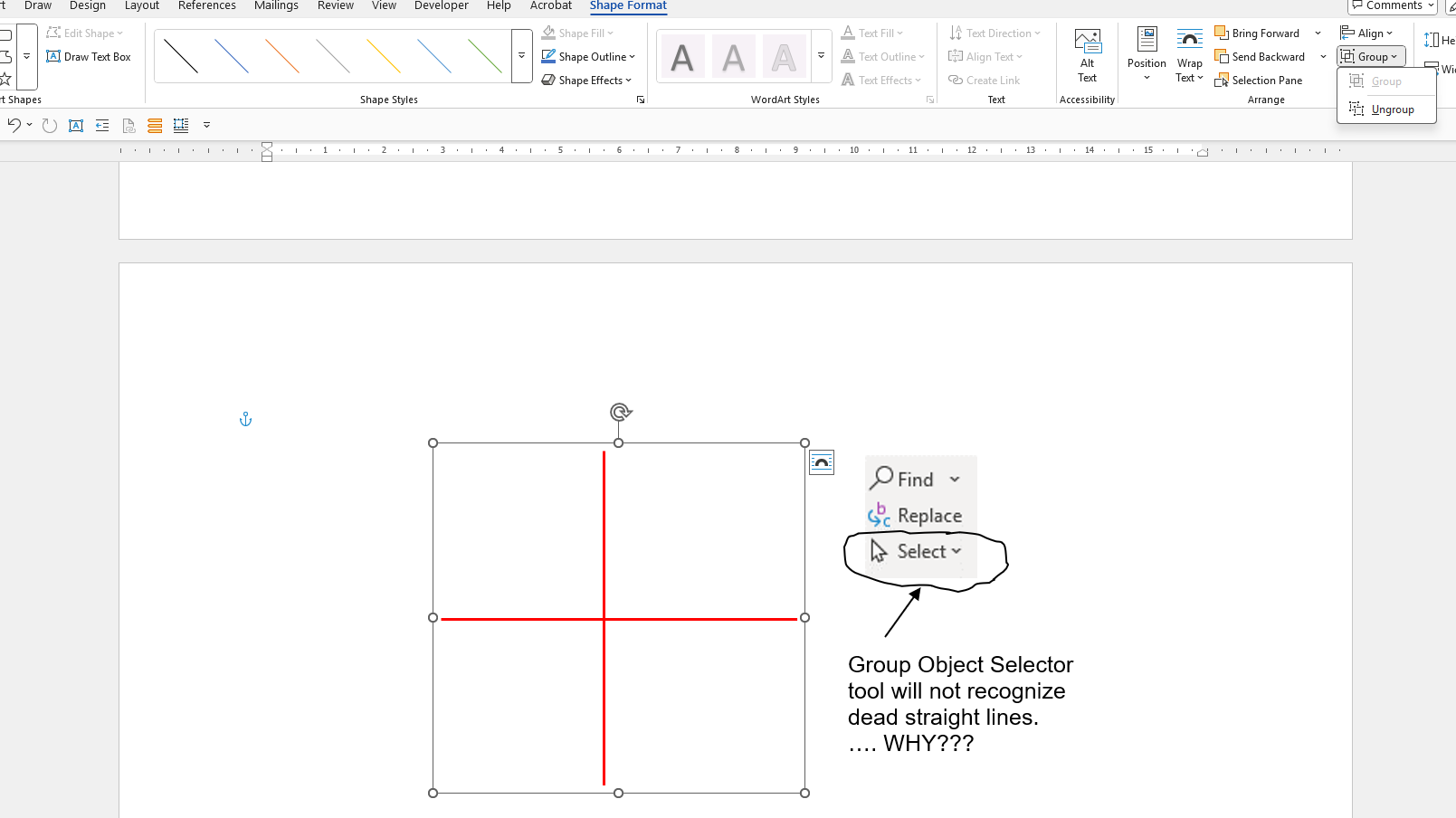 M.S Word 2019 object grouping tool does not recognise dead straight ...