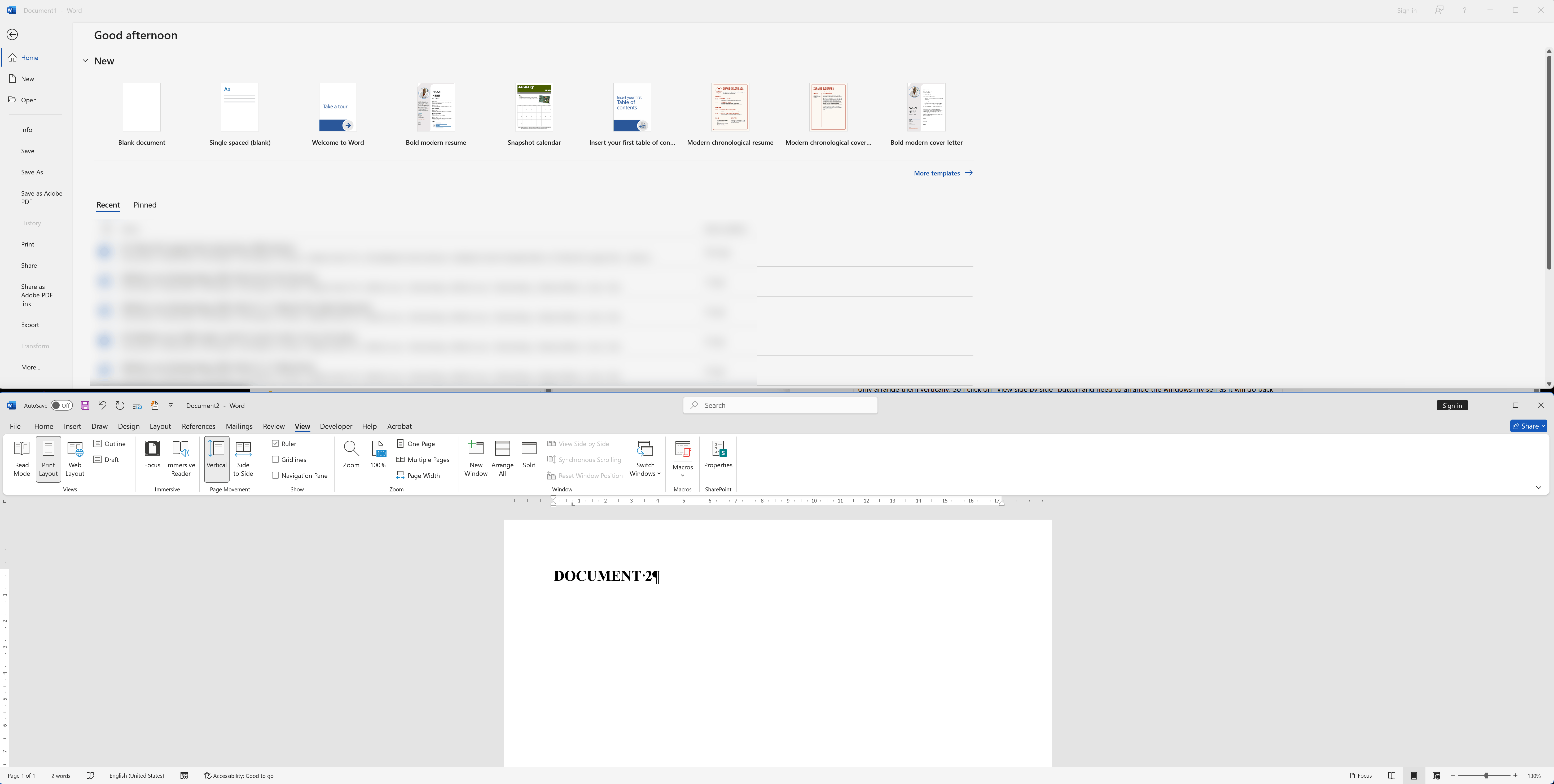 When viewing 2 documents side by side - Horizontally, clicking on File menu changes the view to ...