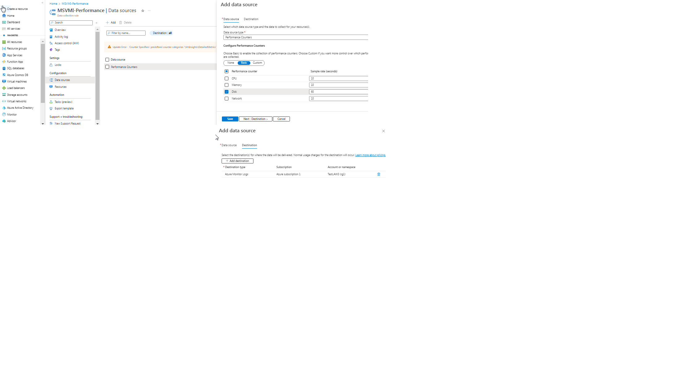 Azure Monitor Data Collection Rule error on saving: Update Error - 'Counter Specifiers ...