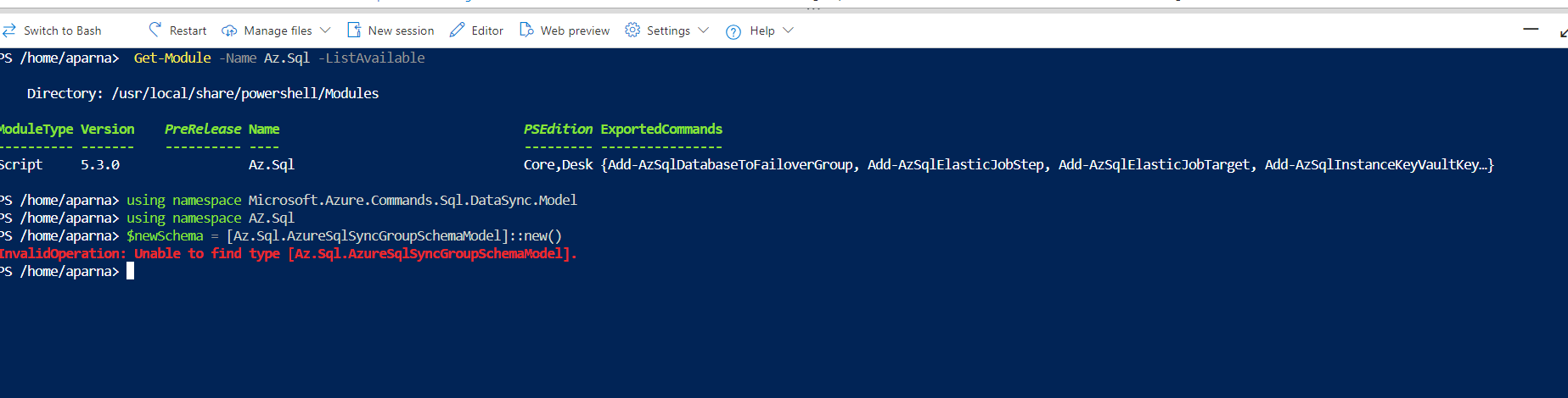 Issue when trying to use [AzureSqlSyncGroupSchemaModel]::new() - Microsoft Q&A