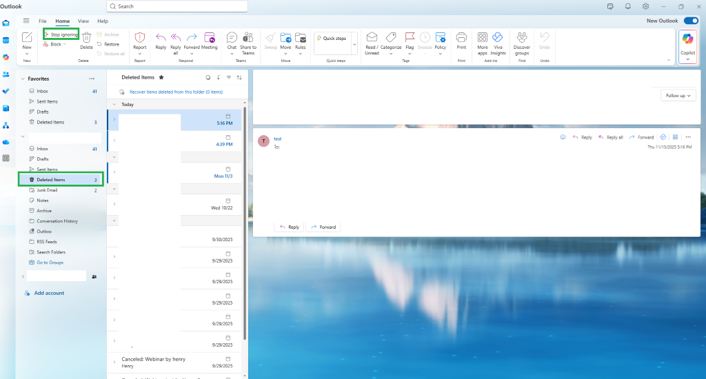 Turn off Auto Ignore on deleted emails in outlook? - Microsoft Q&A