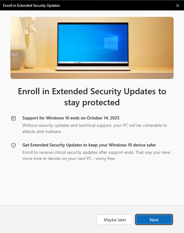 How to prevent the enroll in extended security updates for windows 10 ...