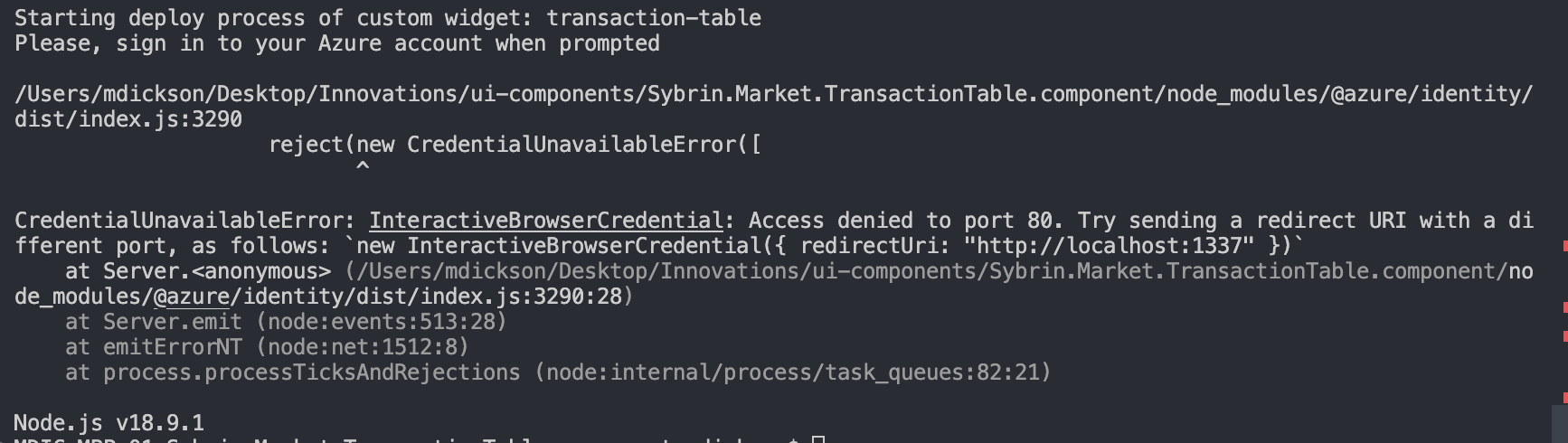 Unable to deploy custom widget in azure api manager due to CredentialUnavailableError ...