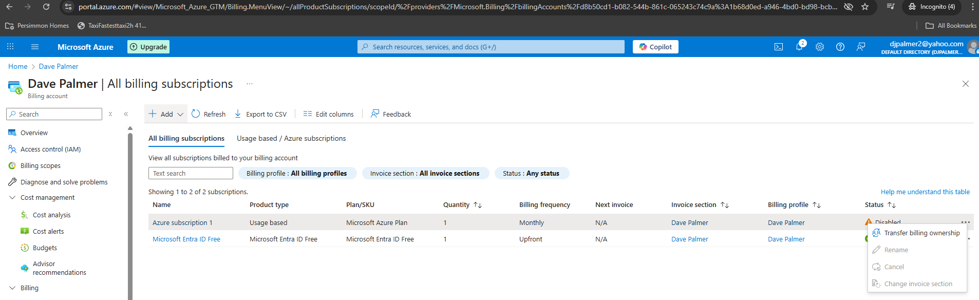 Azure subscription 1 - free trial - Cancel button is greyed out ...