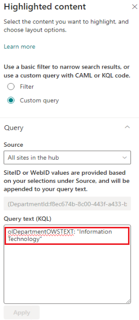 SharePoint: Highlighted Content to filter in Content Type Data - Microsoft Q&A
