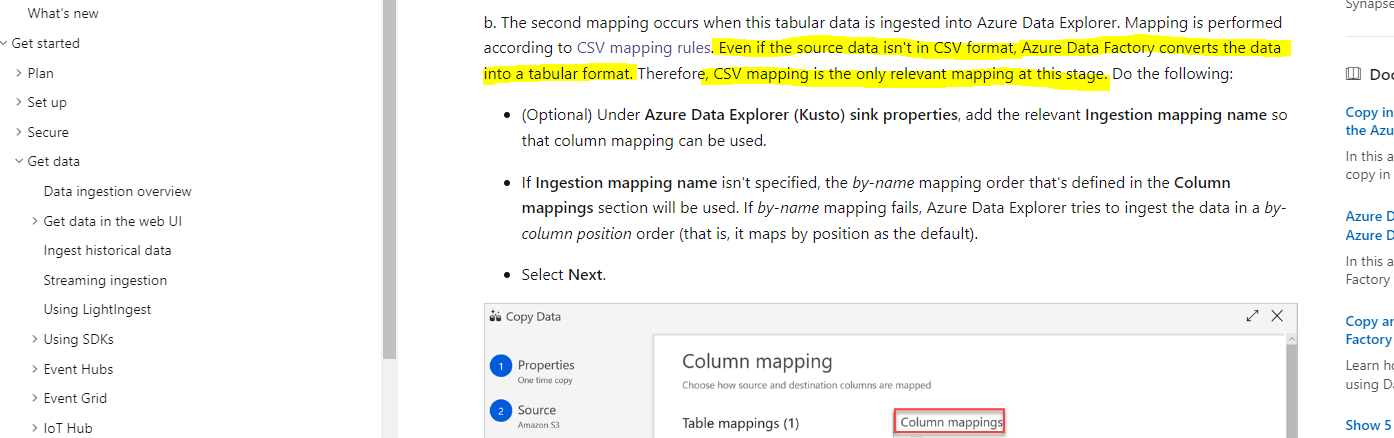Ingestion mapping from parquet source to Kusto using ADF copy activity failing because of ...